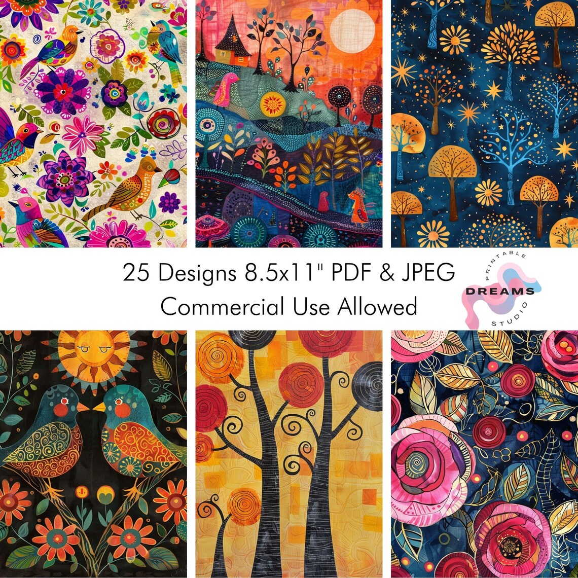 Folk Art Collage Papers: Whimsical Flowers & Nature Prints (digital ...
