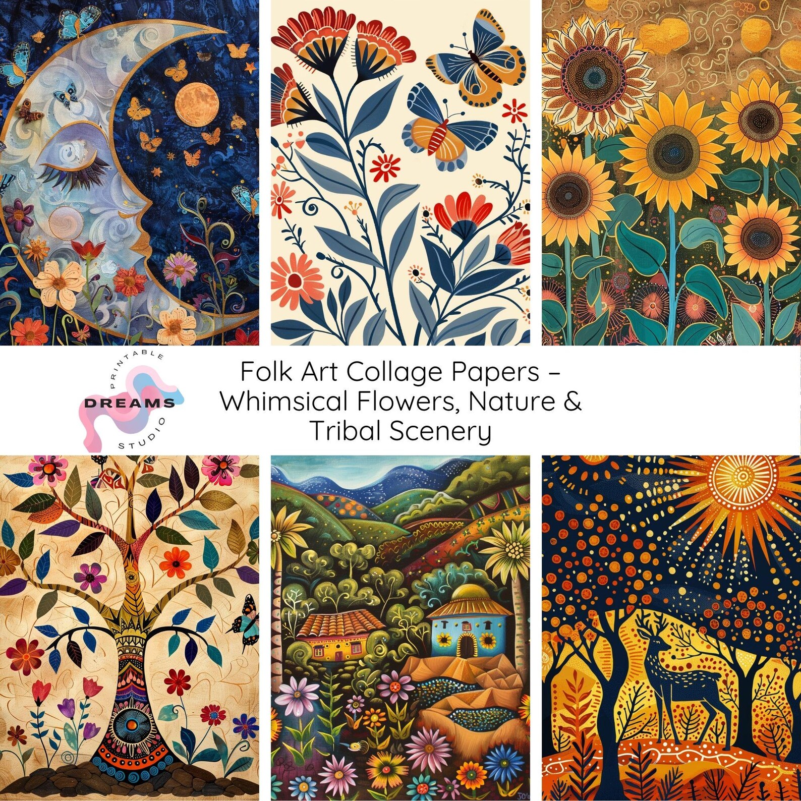 Folk Art Collage Papers: Whimsical Flowers & Nature Prints (digital ...