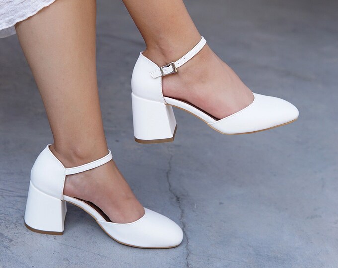 White Short Heeled Wedding Shoes, Bridal Shoes, Block Heeled Leather ...