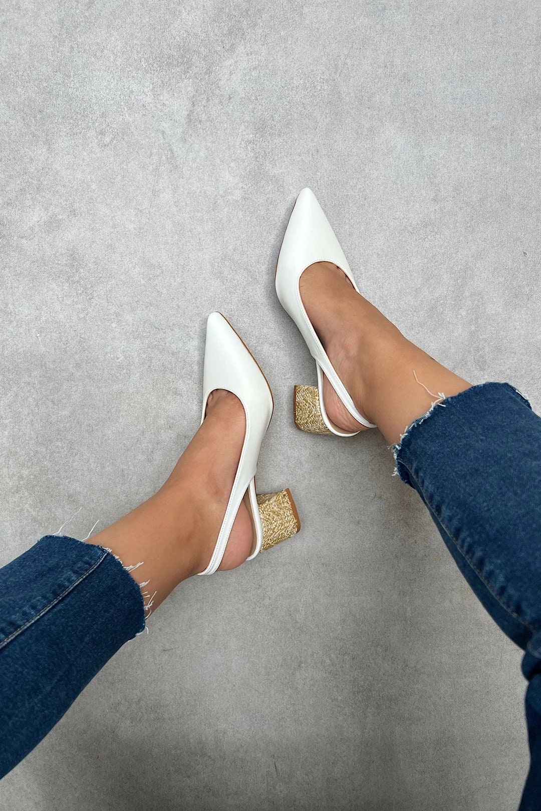 White Leather Short Heeled Shoes Straw Detailed Heeled Shoes - Etsy