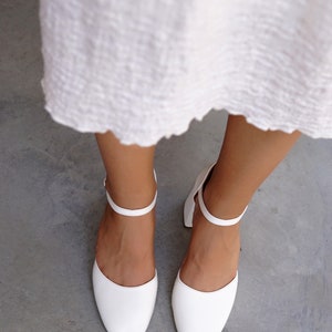White Short Heeled Wedding Shoes, Bridal Shoes, Block Heeled Leather ...