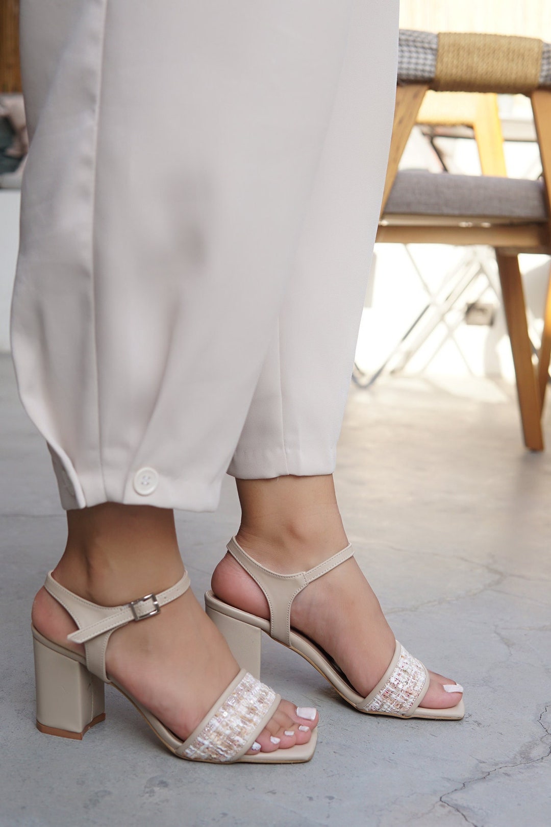 Beige Tweed Detailed Heeled Shoes, Block Heeled Shoes, Casual Heeled ...