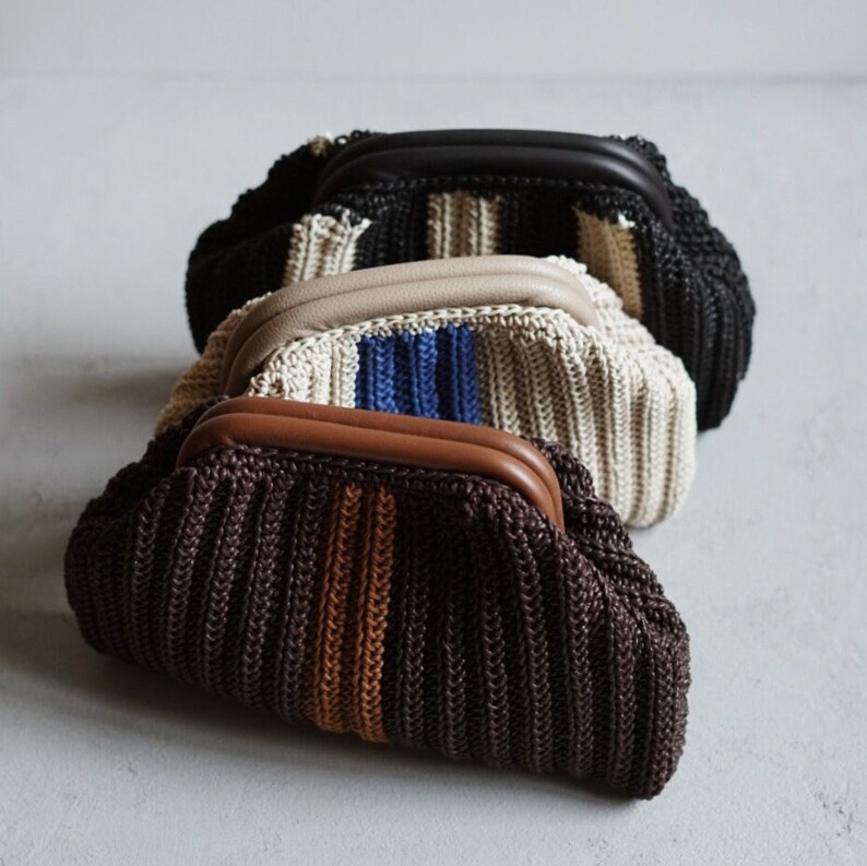 Crochet Clutch Bag, Handmade Bag, Leather Brown Bag, Handbag, Straw ...