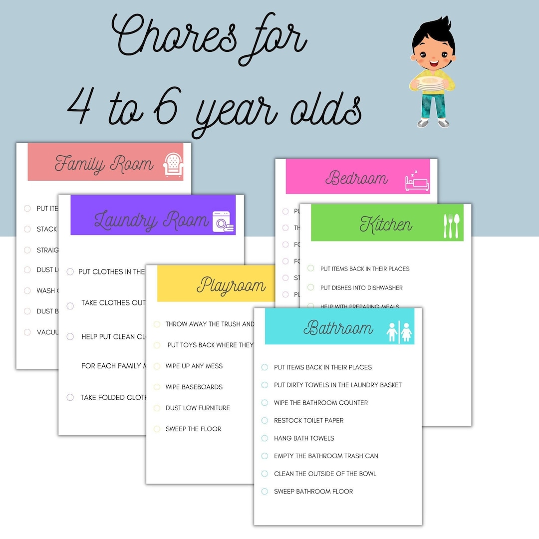 Chore Chart for Kids, Cleaning Checklist by Room, 4 to 6 Years Old Kids ...