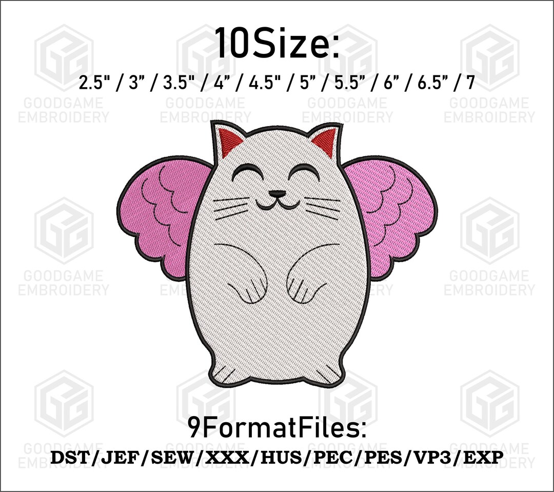Cute Cat With Angel Wings Embroidery Design, Embroidered Cat Wings ...