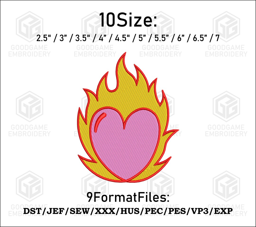 Fire Heart Embroidery Design File, Heart on Fire Embroidery Design 10 ...