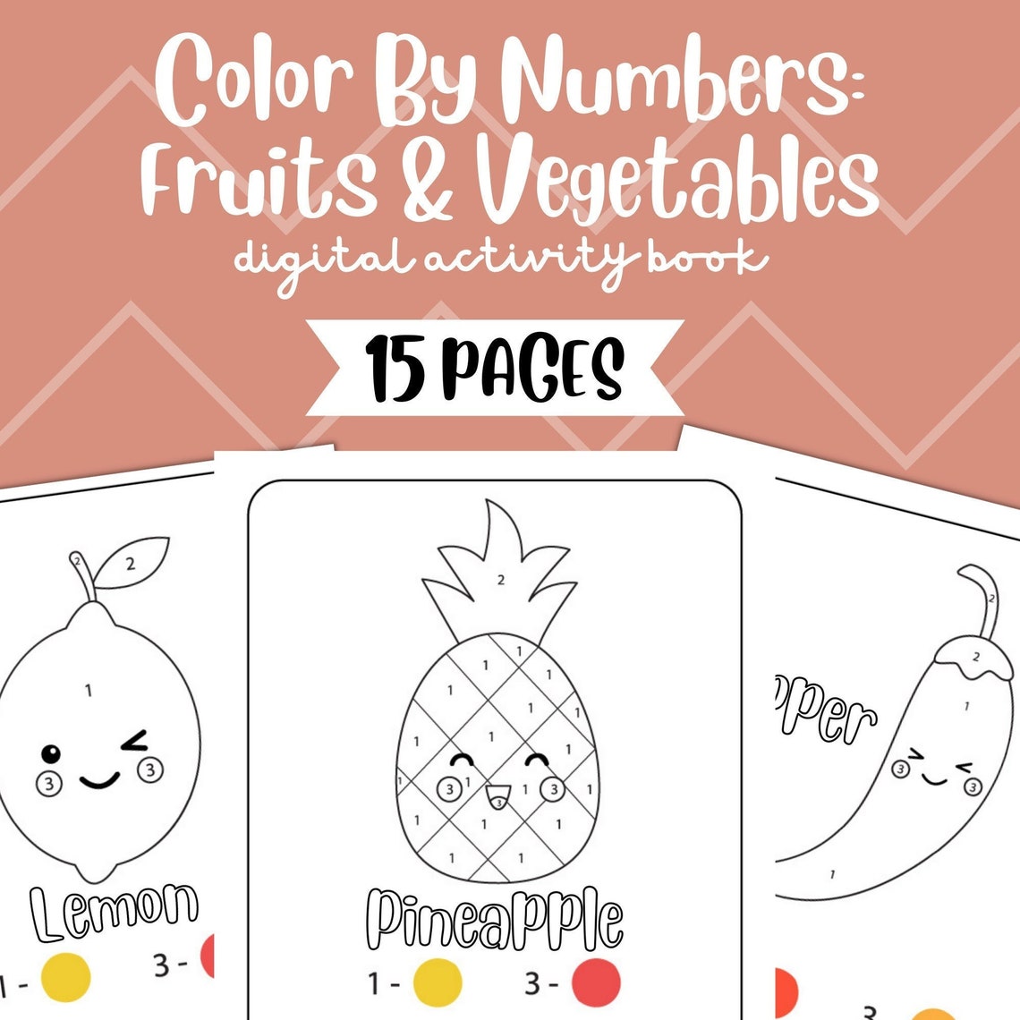 Color by Number Fruits & Vegetables Coloring Pages for Kids | Etsy
