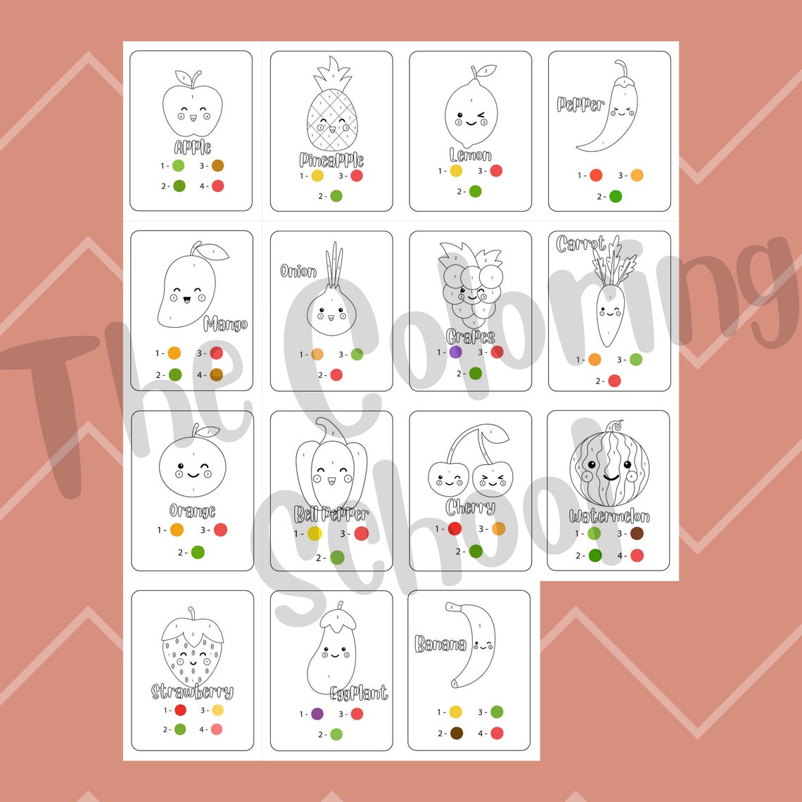 Color by Number Fruits & Vegetables Coloring Pages for Kids Pack of 15 ...