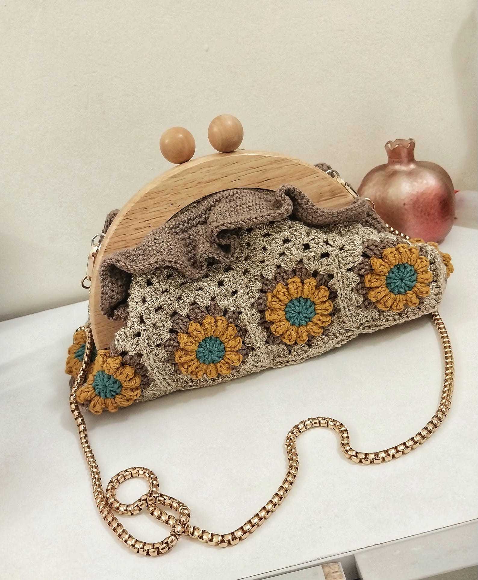 Boho Chic Granny Square Clutch With Shimmering Pink and Brown Flowers ...