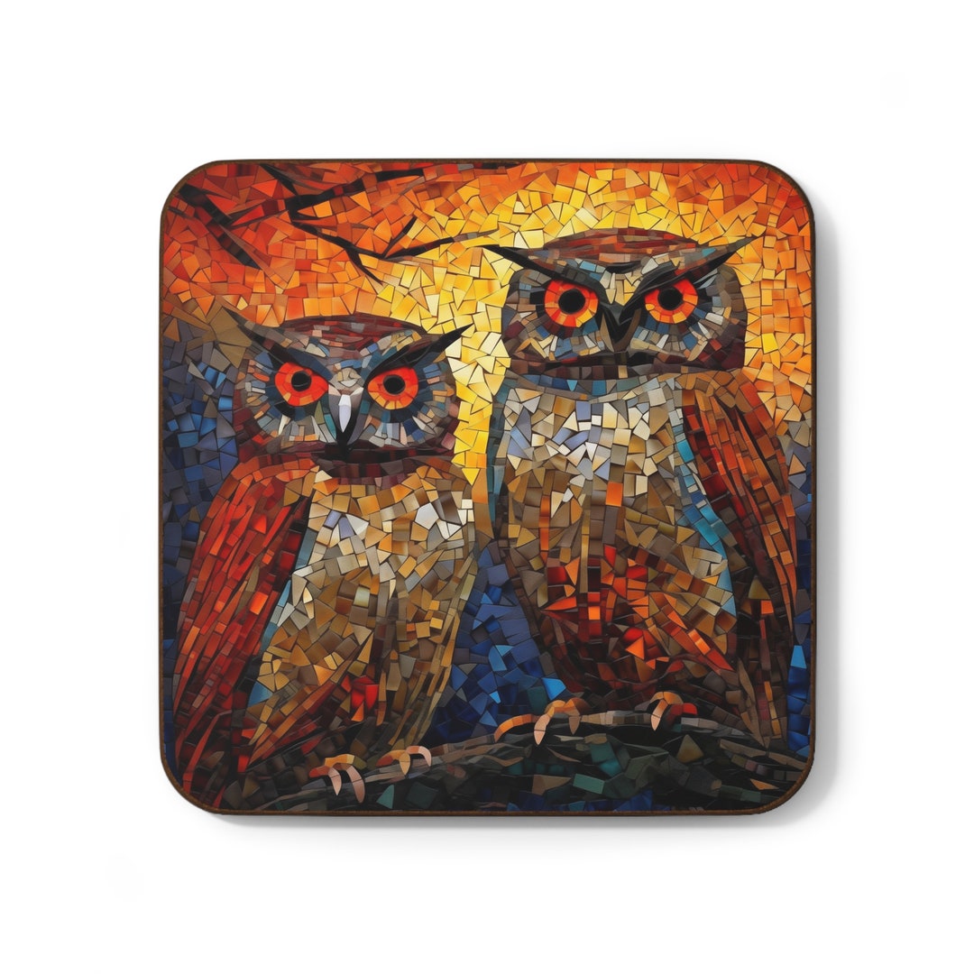 Two Owls at Sunset Stained Glass AI Art - Hoboken NJ Hardboard Back ...