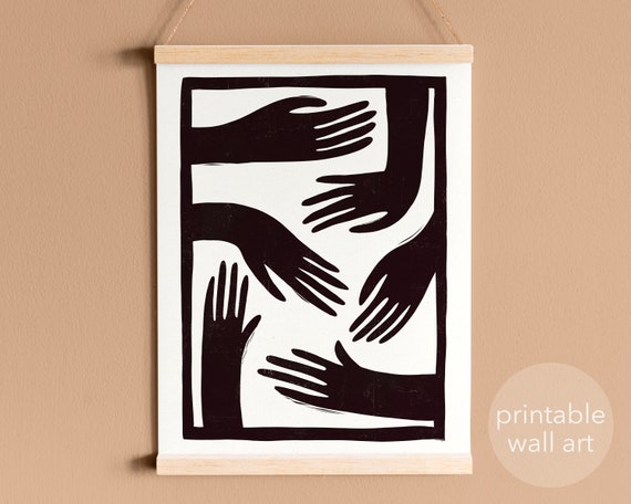 Hello Hands Printable Linocut Style Illustration Boho | Etsy