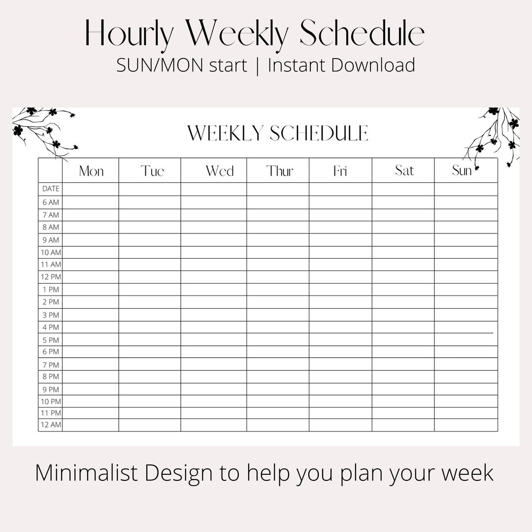 Hourly Weekly Schedule, Weekly Planner Printable, Week at a Glance ...