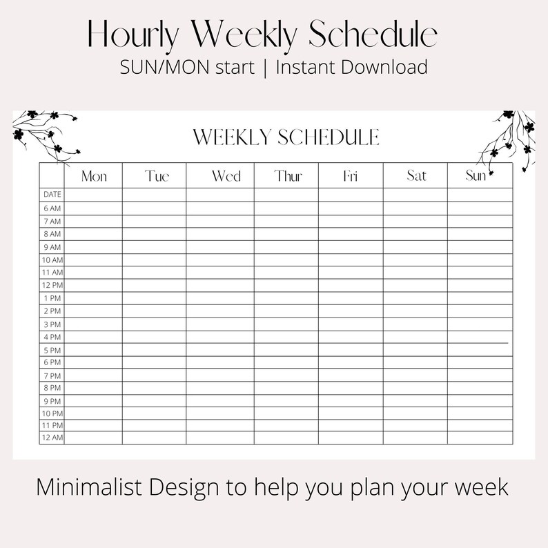 Hourly Weekly Schedule, Weekly Planner Printable, Week at a Glance ...
