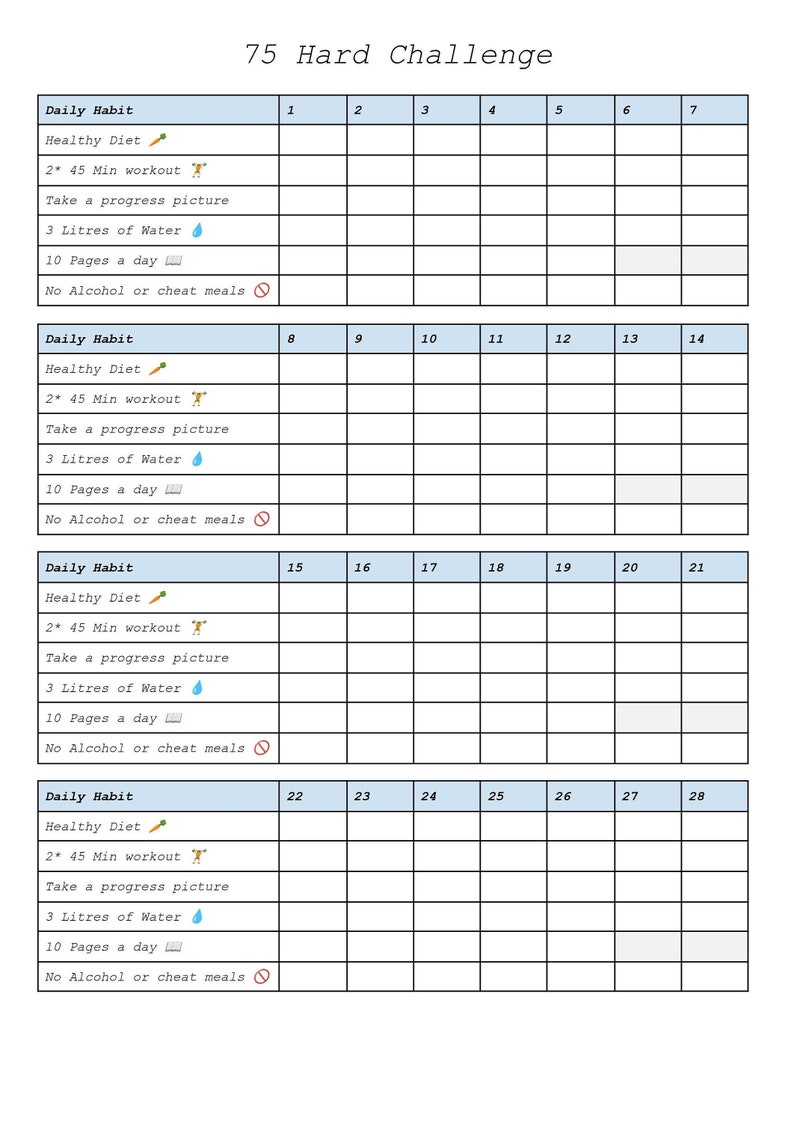 75 Hard Challenge Tracker PDF instant Download - Etsy UK