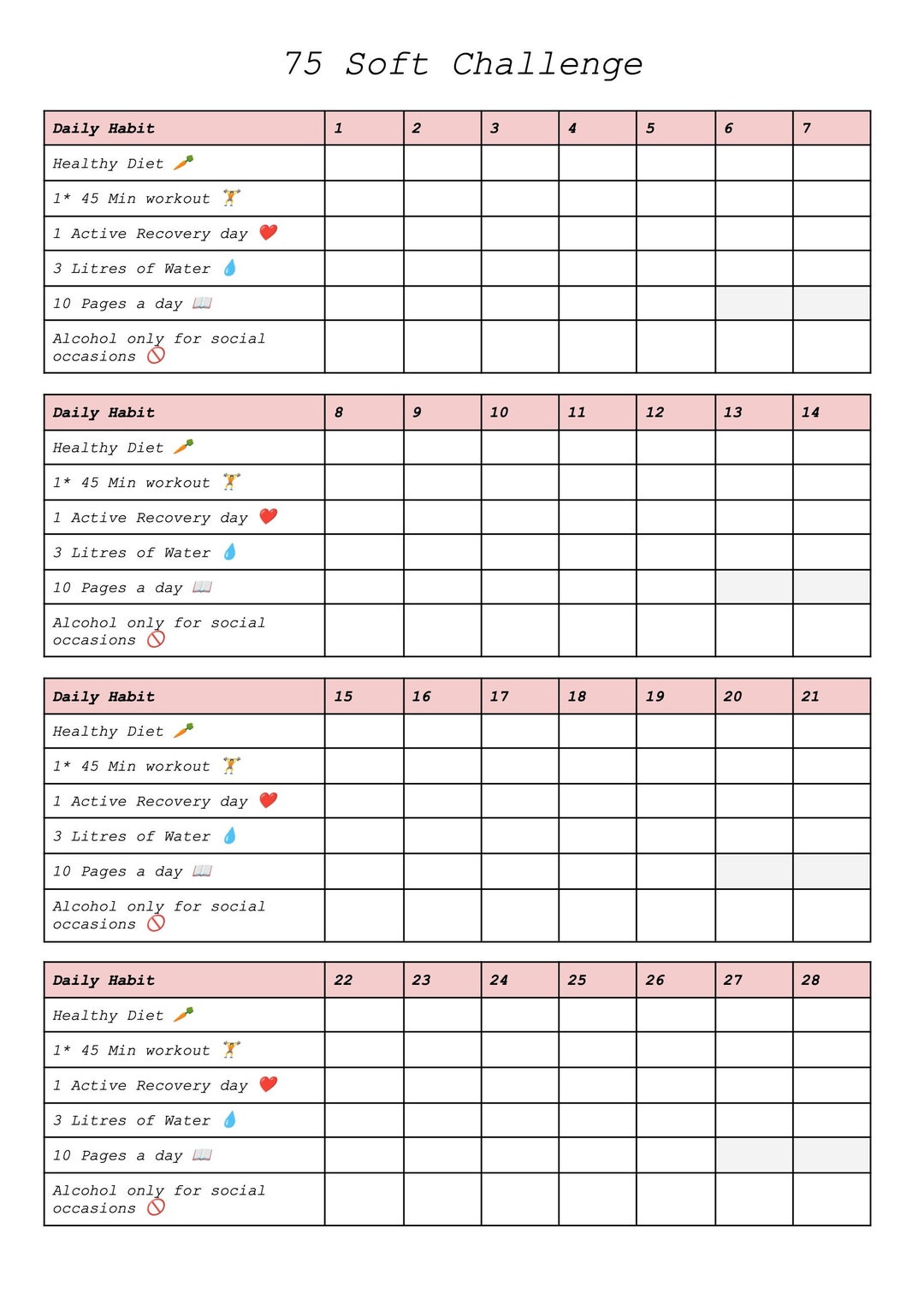 75 Soft Challenge Tracker PDF Instant Download Etsy