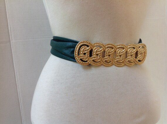 vintage Mimi diN green leather strap belt gold celtic… - Gem