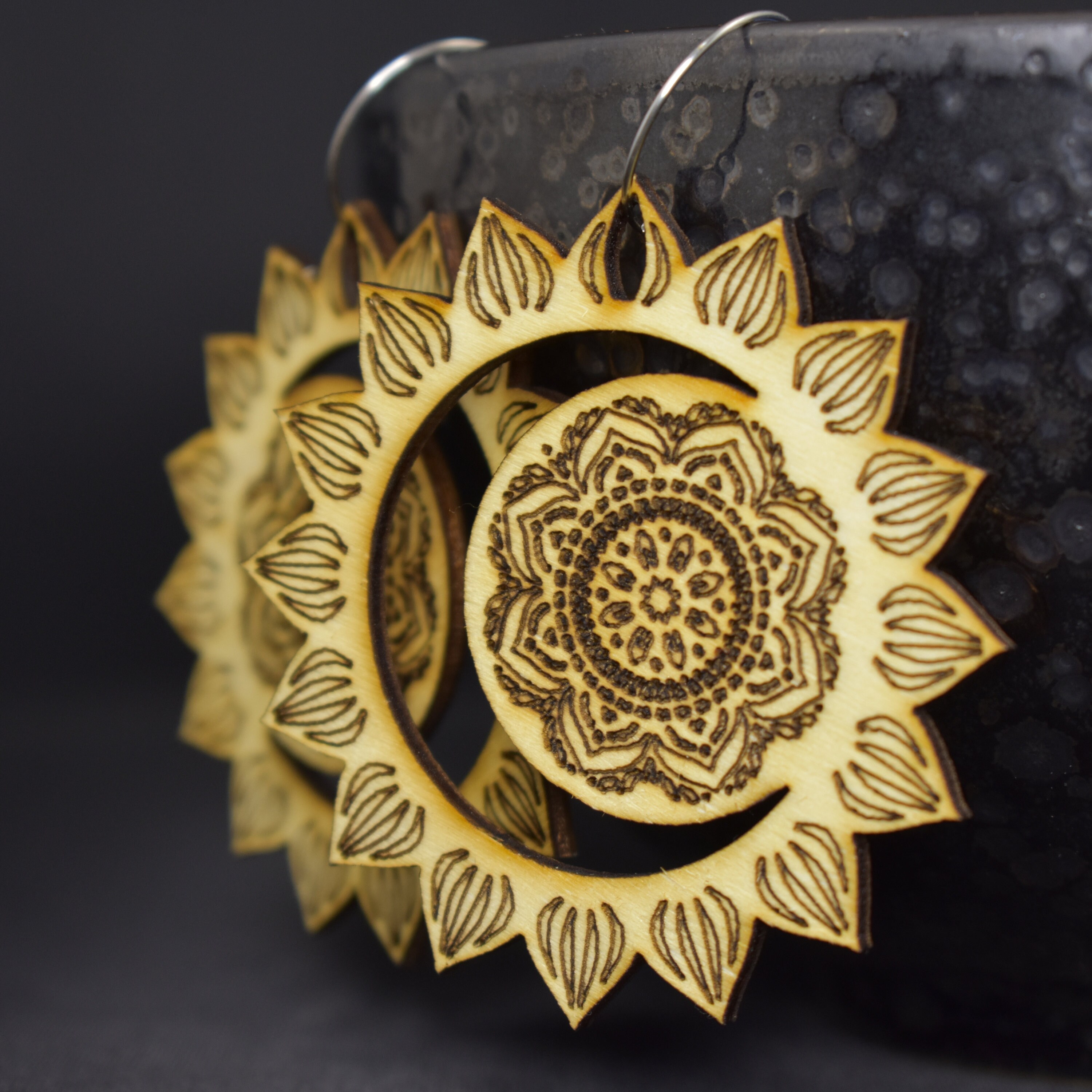 Sun & Moon Mandala Wooden Earrings - Geometric Elegance Meets Intricate ...