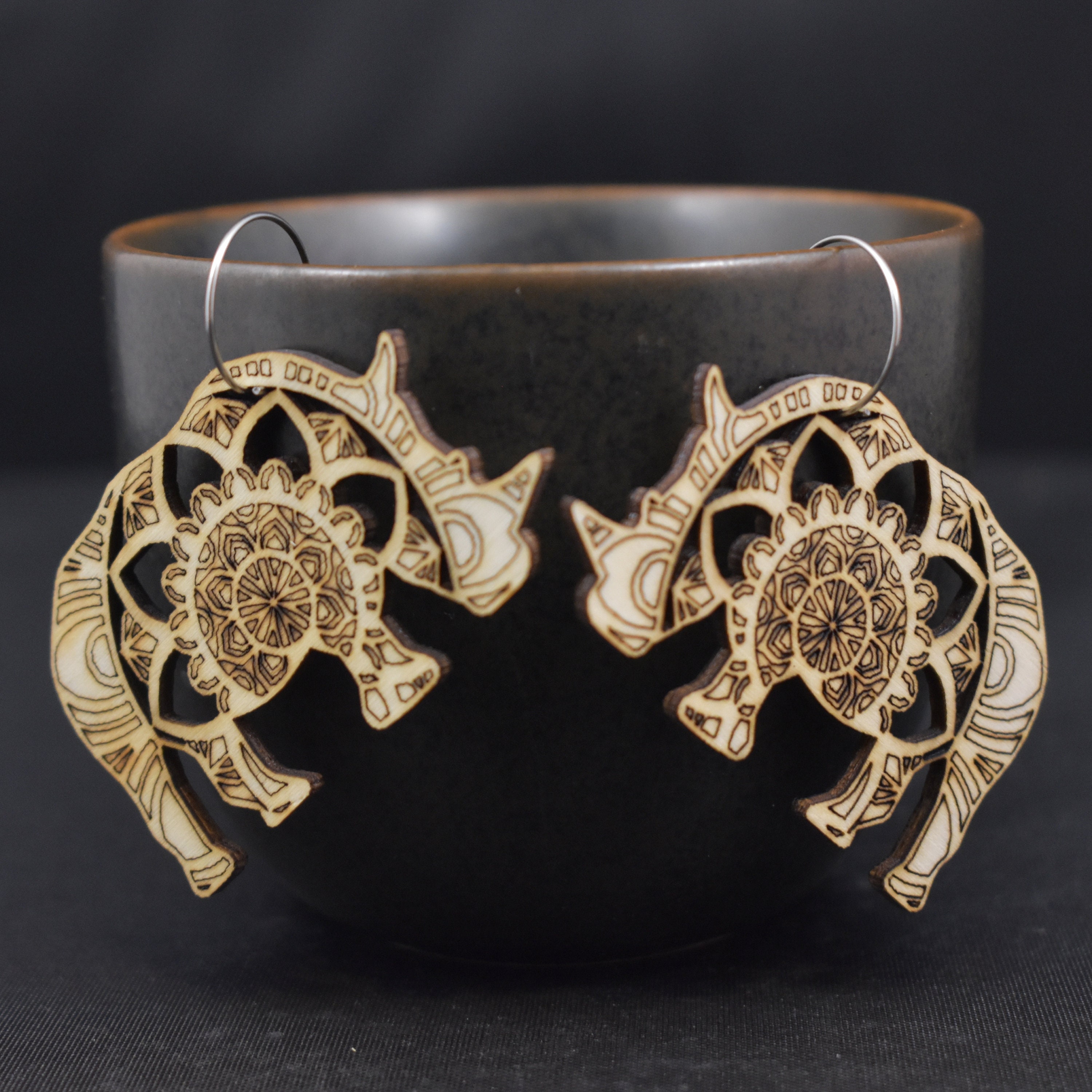 Mandala Rhino Wooden Earrings — Three Turtles Designs