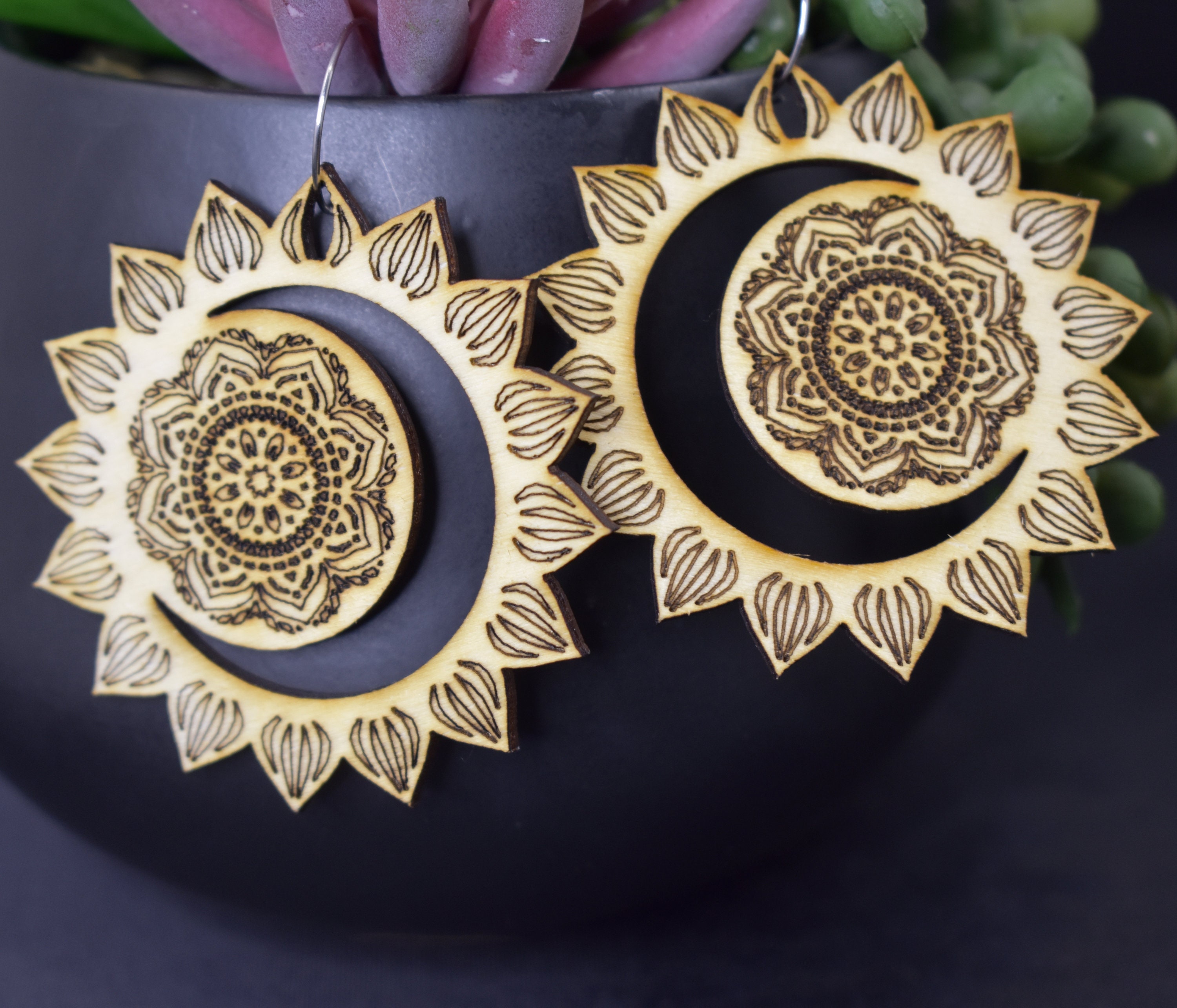 Sun & Moon Mandala Wooden Earrings - Geometric Elegance Meets Intricate ...