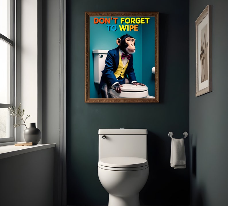 Framed Toilet SERIES 11, Funny Bathroom Wall Art Toilet, Monkey Poster ...