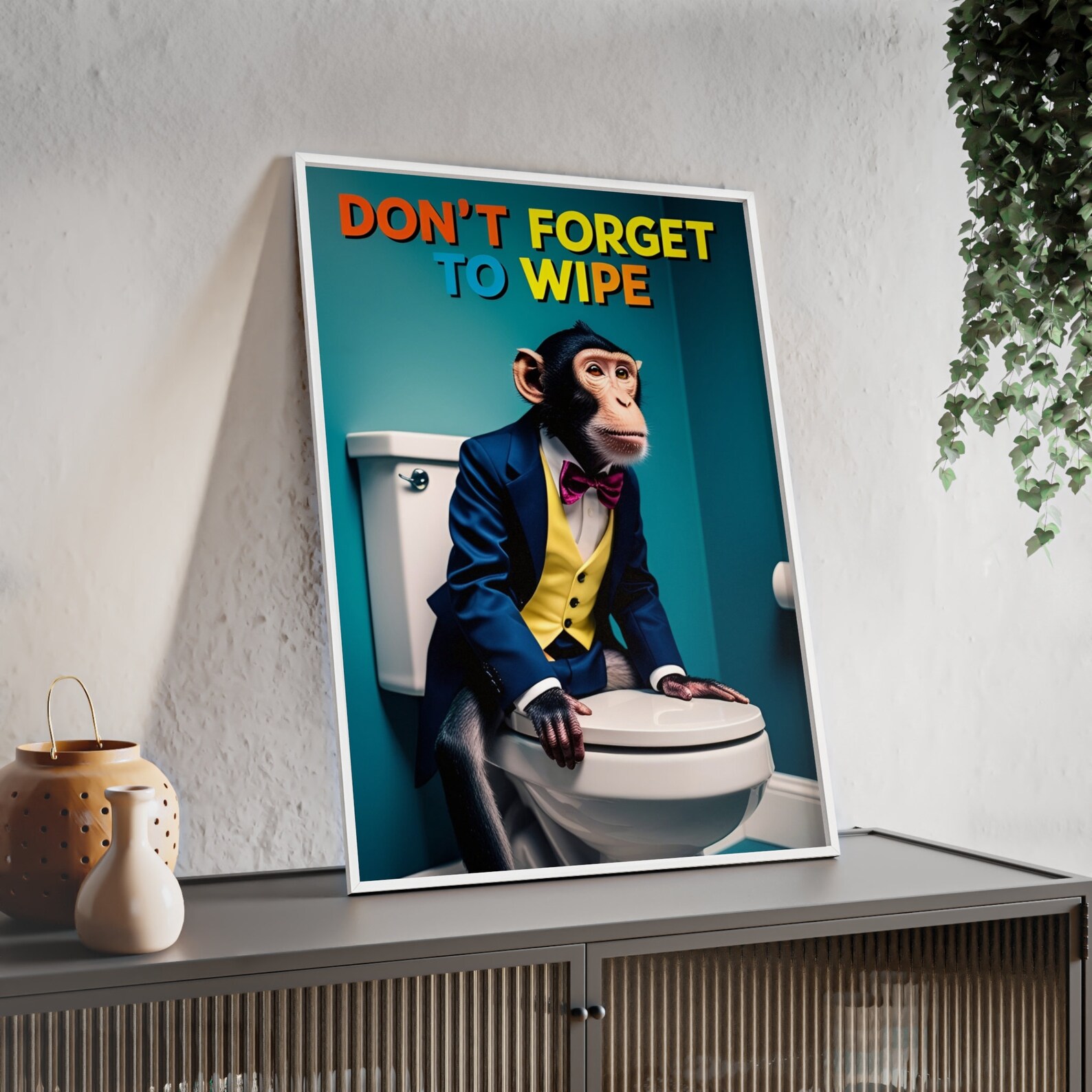 Framed Toilet SERIES 11, Funny Bathroom Wall Art Toilet, Monkey Poster ...