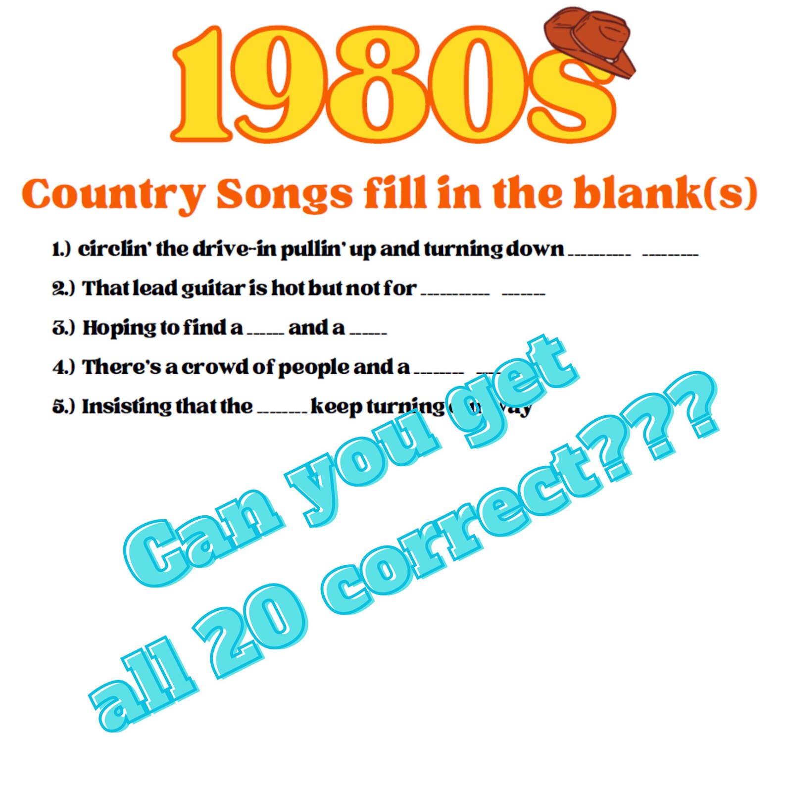 1980's Country Songs Fill in the Blanks! - Etsy