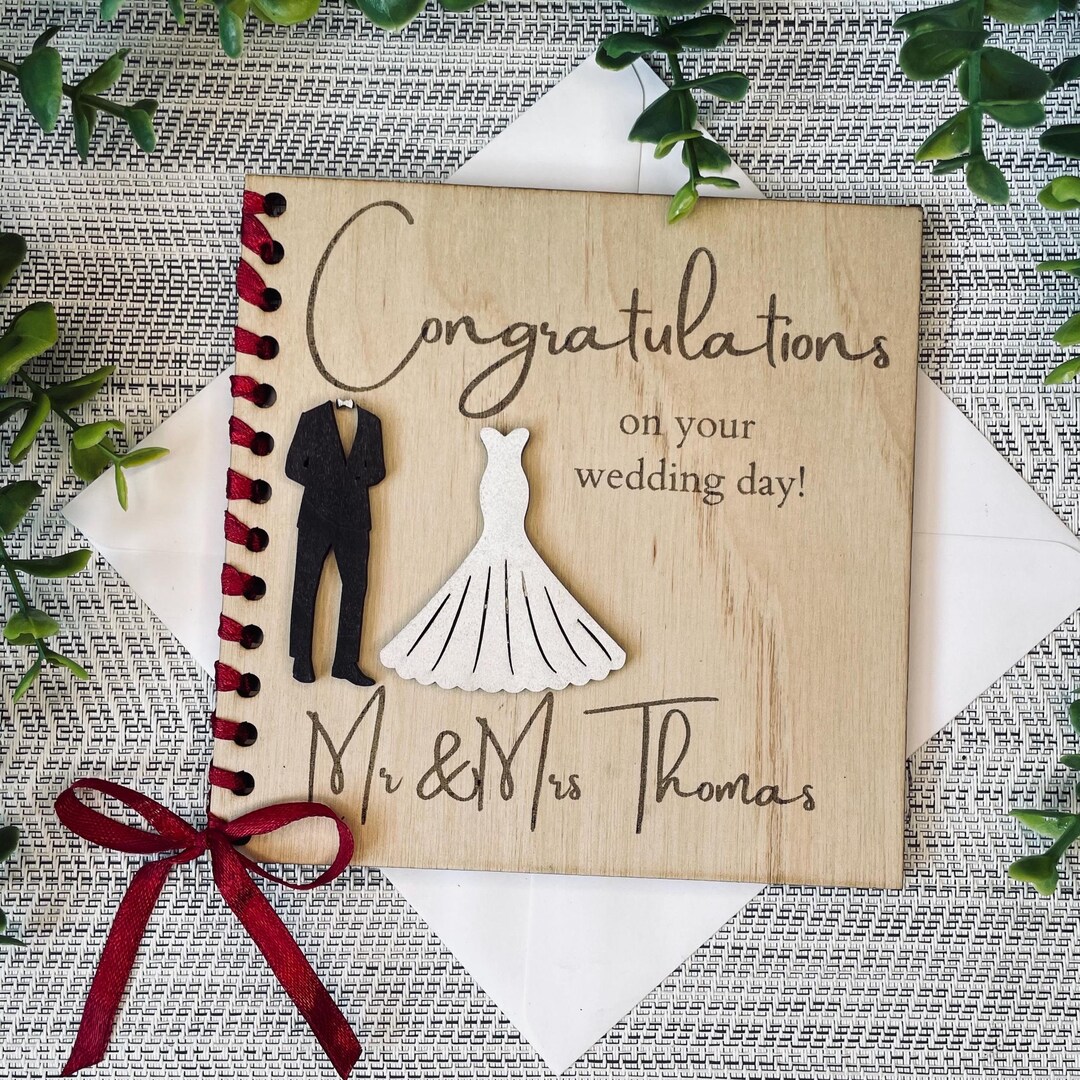 Personalised Wooden Wedding Card, Laser Engraved Bride & Groom Design ...