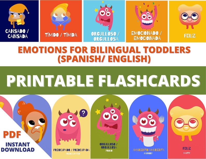 Emotion Feelings Flashcards Spanish & English Cards - Etsy