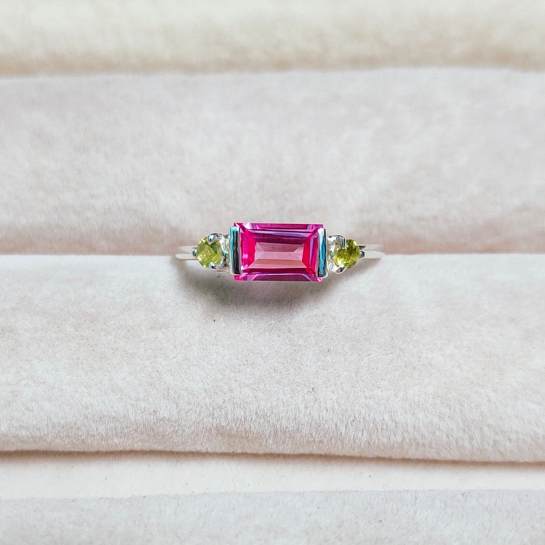 Pink Sapphire and Peridot Ring, Baguette Pink Sapphire Peridot Ring ...