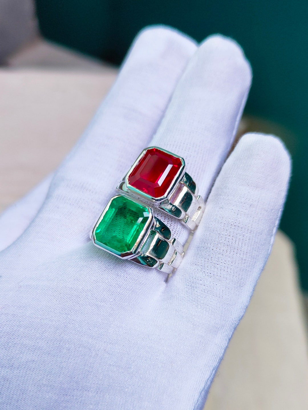 Columbian Emerald and Ruby Men's Ring, 925 Sterling Silver Ring, Ruby ...