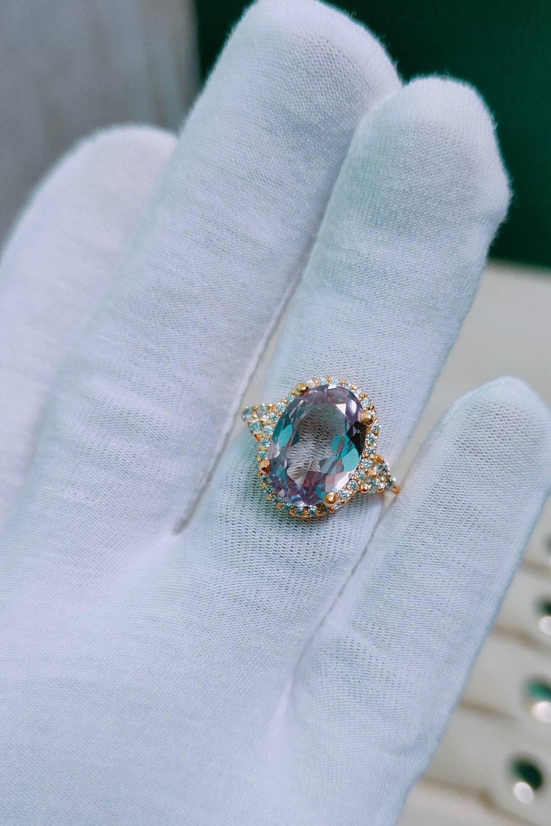 Alexandrite Halo Ring, Lab Created Alexandrite Ring, 925 Sterling ...