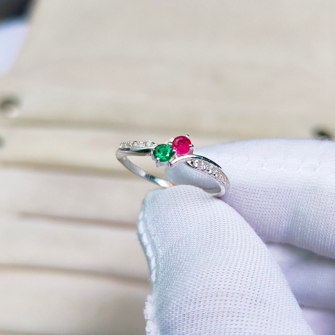 Ruby and Emerald Ring, 925 Sterling Silver Ring, Lab Grown Ruby Emerald ...