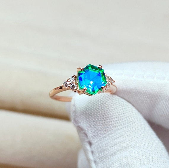 Peacock Quartz Ring Hexogen Cut Peacock Quartz Ring 925 - Etsy