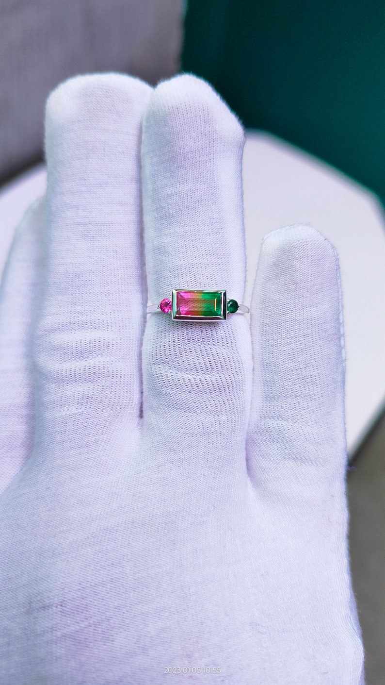 Watermelon Tourmaline Ring: Baguette Cut Sterling Silver Engagement ...
