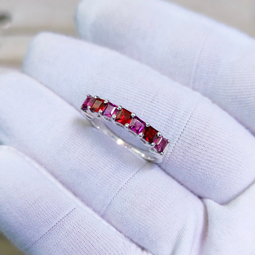 Rhodolite & Red Garnet Sterling Silver Wedding Band Ring, Square Cut ...
