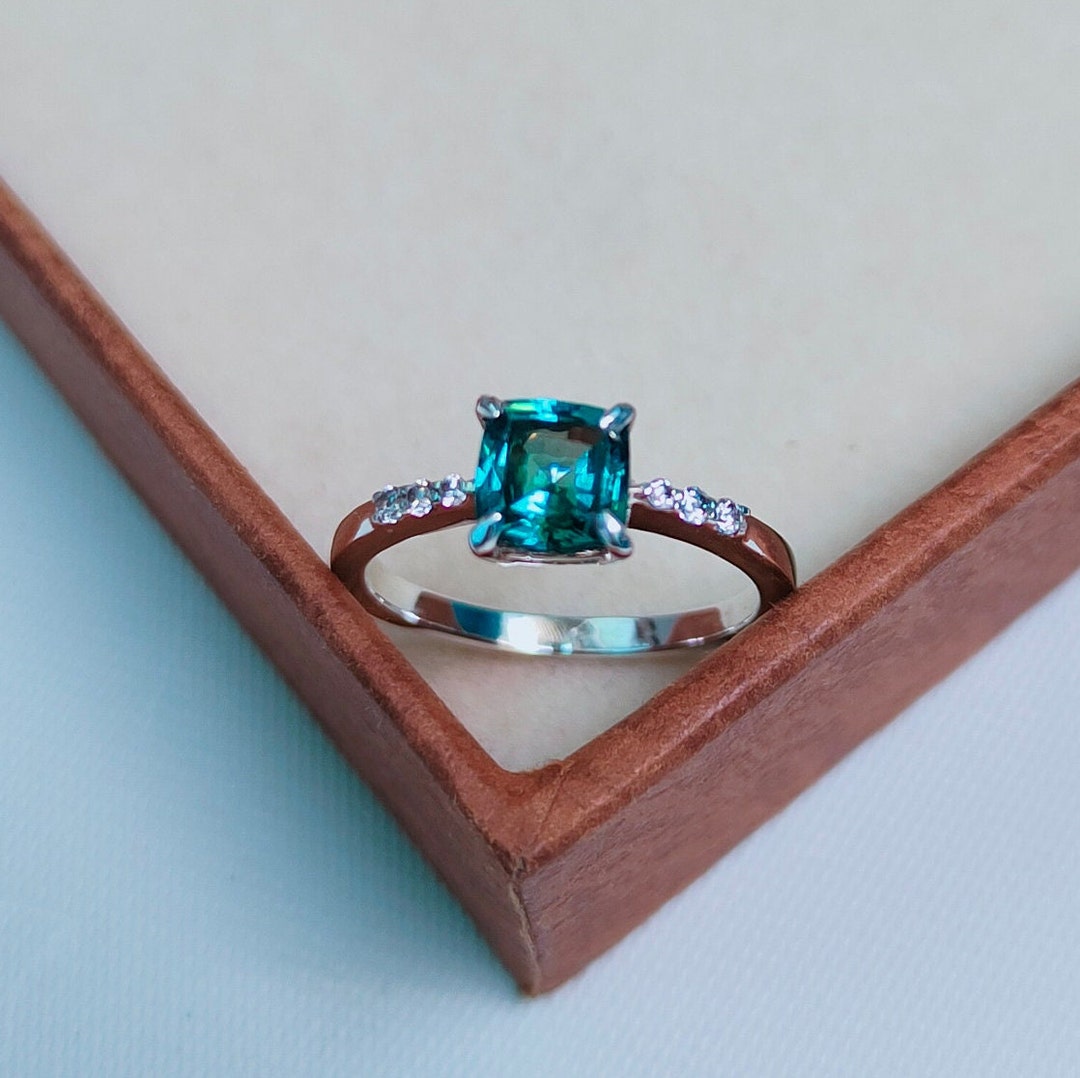 Cushion Cut Teal Sapphire Ring: Sterling Silver Engagement Ring, Lab ...