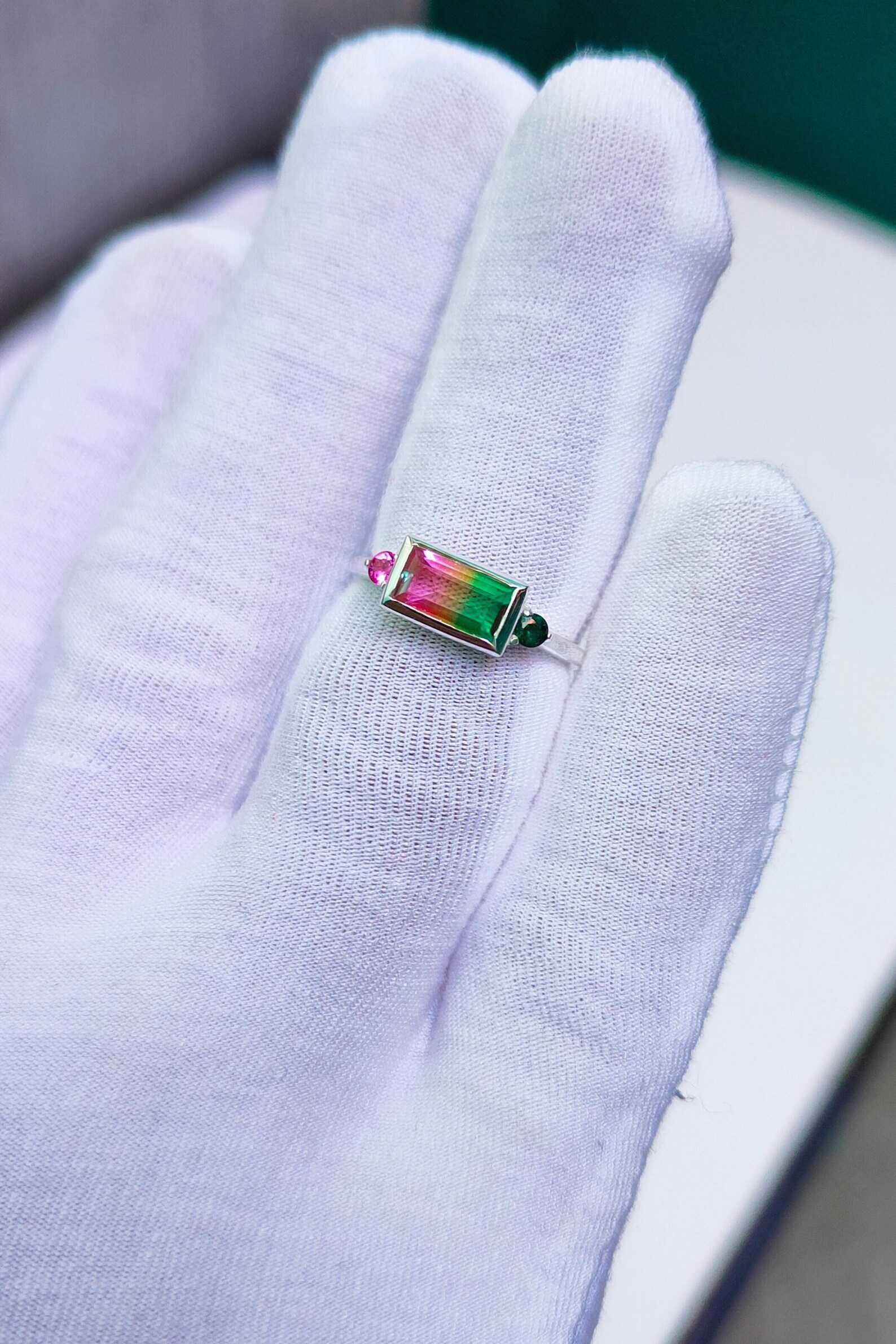 Watermelon Tourmaline Ring: Baguette Cut Sterling Silver Engagement ...