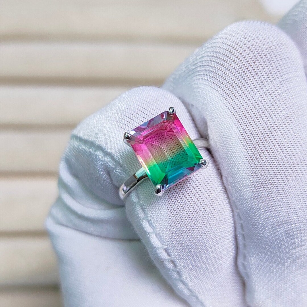 Octagon Watermelon Tourmaline Quartz Ring, 925 Sterling Silver Ring ...