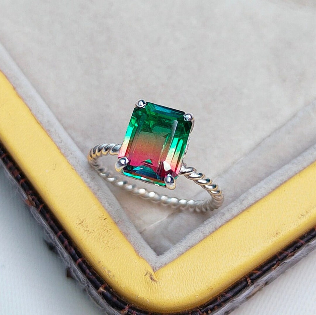 Octagon Watermelon Tourmaline Ring: 925 Sterling Silver Engagement Ring ...