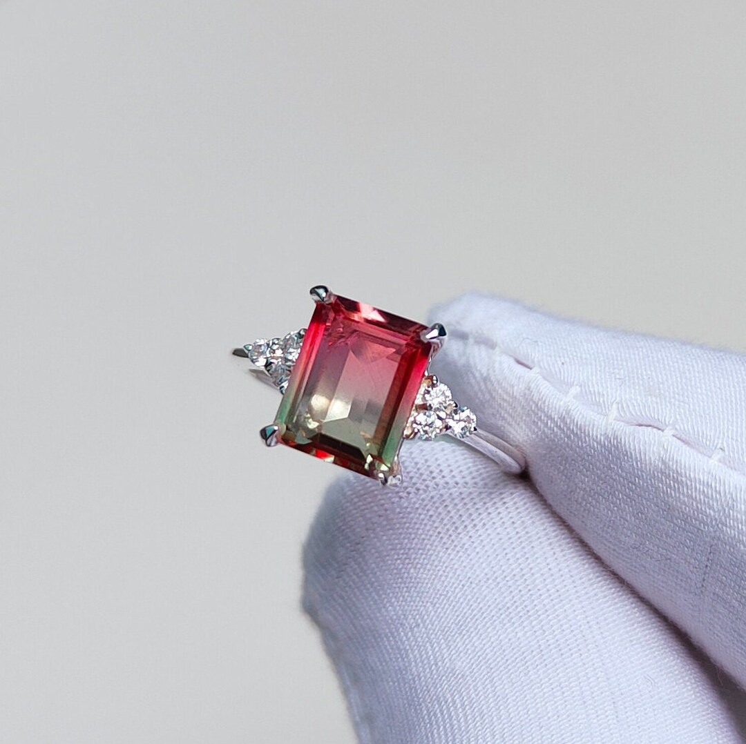 Watermelon Tourmaline Octagon Ring,925 Sterling Silver Ring,watermelon ...