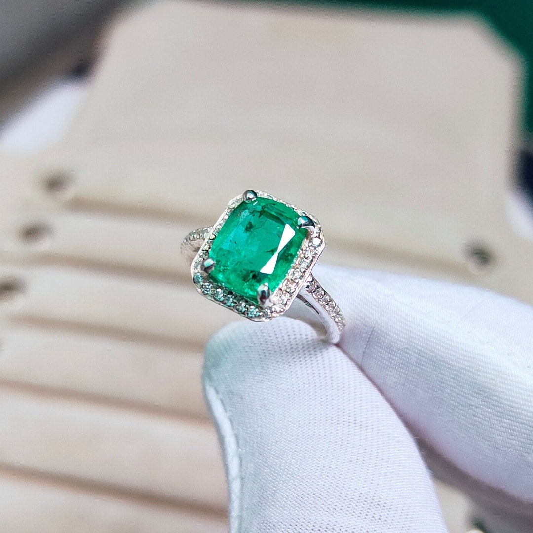 Emerald Cushion Halo Ring, Cushion Cut Emerald Ring, 925 Sterling ...