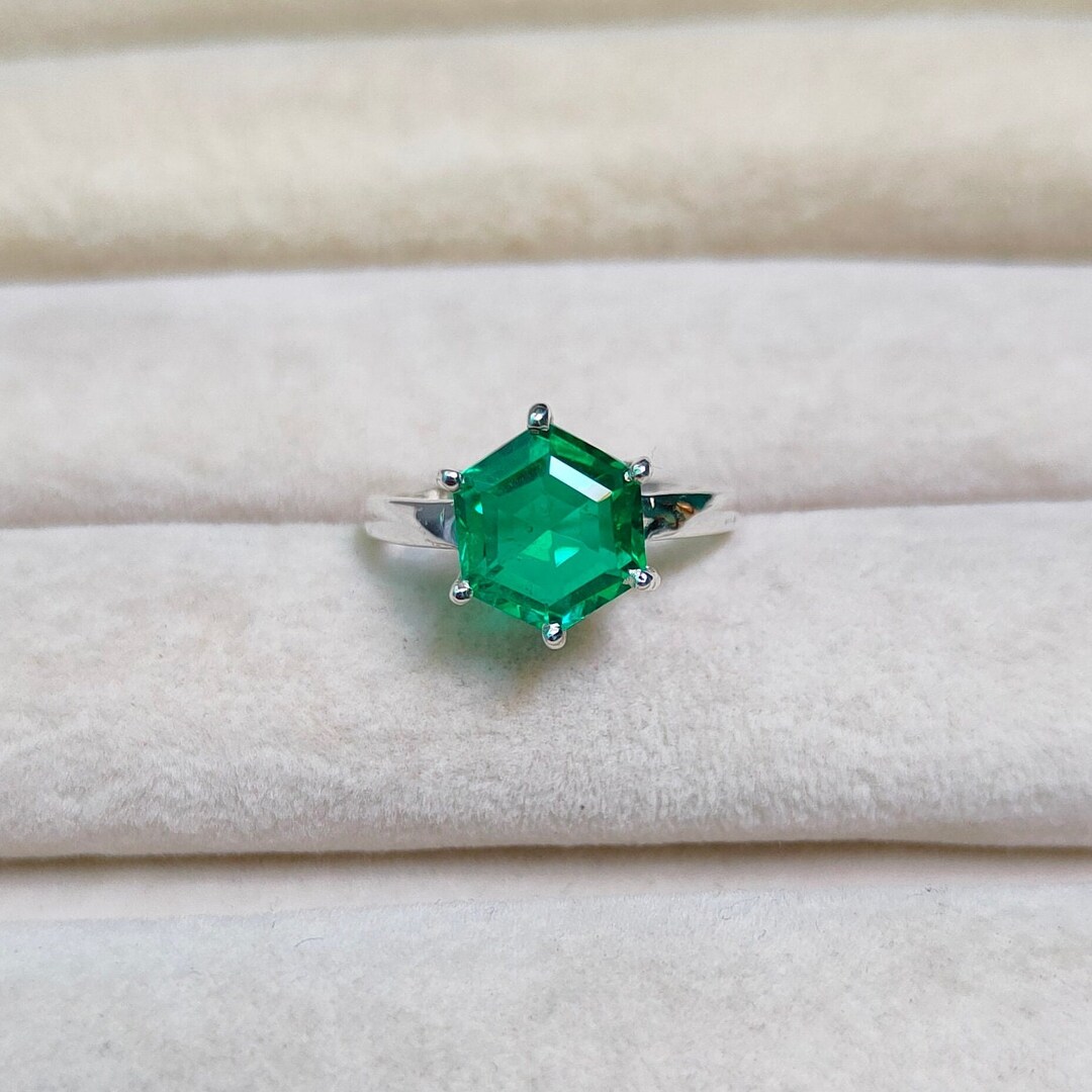 Columbian Emerald Ring, Emerald Hexagon Cut Ring, 925 Sterling Silver ...