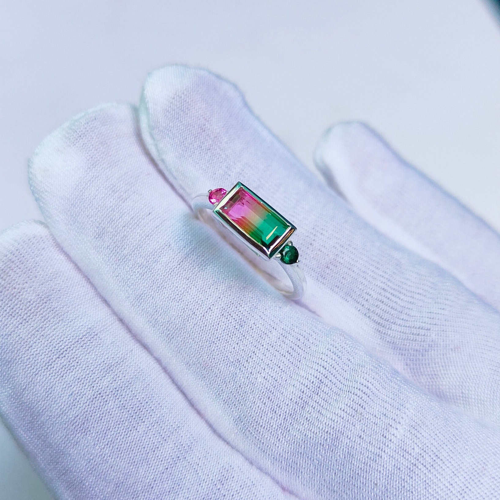 Watermelon Tourmaline Ring: Baguette Cut Sterling Silver Engagement ...