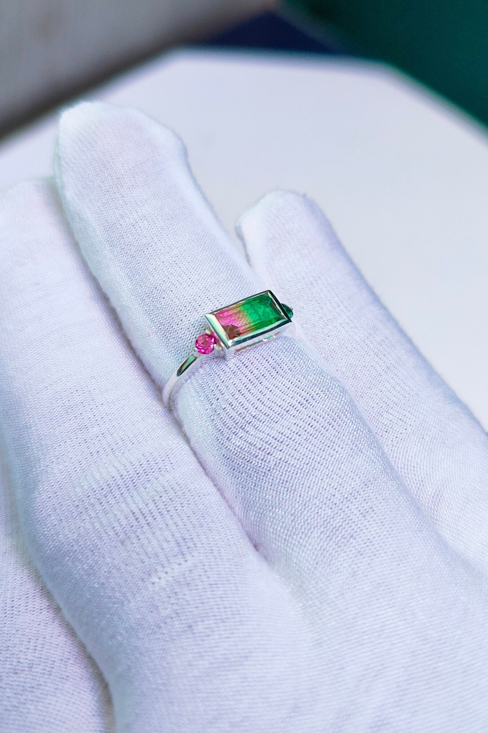 Watermelon Tourmaline Ring: Baguette Cut Sterling Silver Engagement ...