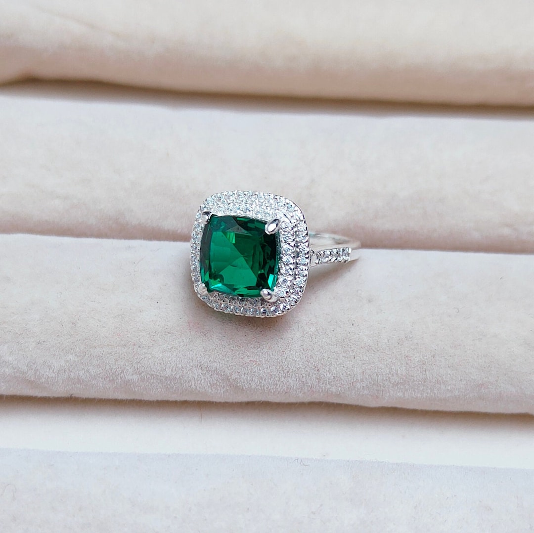 Emerald Cushion Halo Ring, Cushion Cut Emerald Ring, 925 Sterling ...