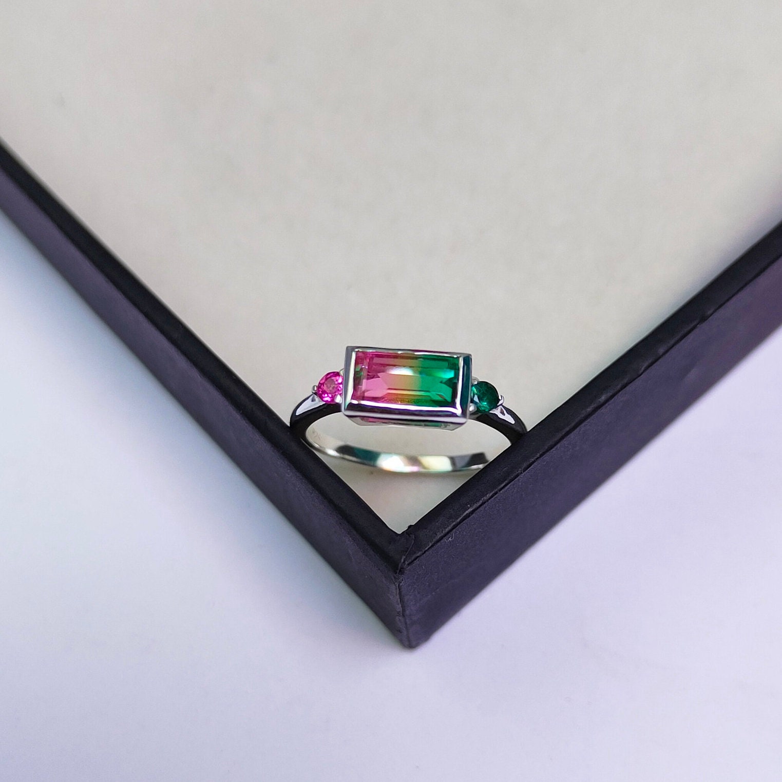 Watermelon Tourmaline Ring: Baguette Cut Sterling Silver Engagement ...