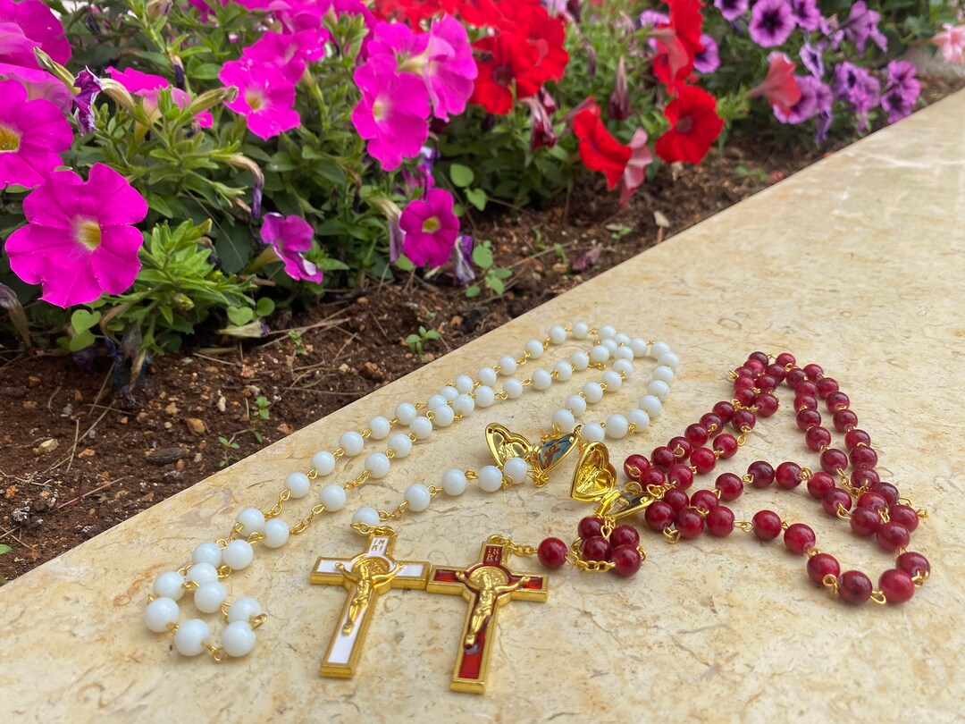 2 Rosaries, Two Catholic Rosaries White & Red Crystal Beads Hand Made ...