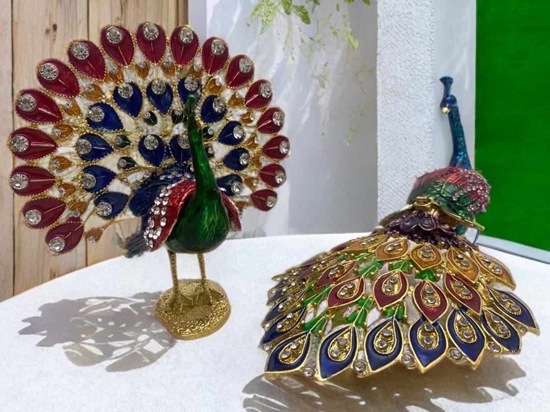 2 Peacock Statues Made of High Quality Enamel Metal , Crystals and ...