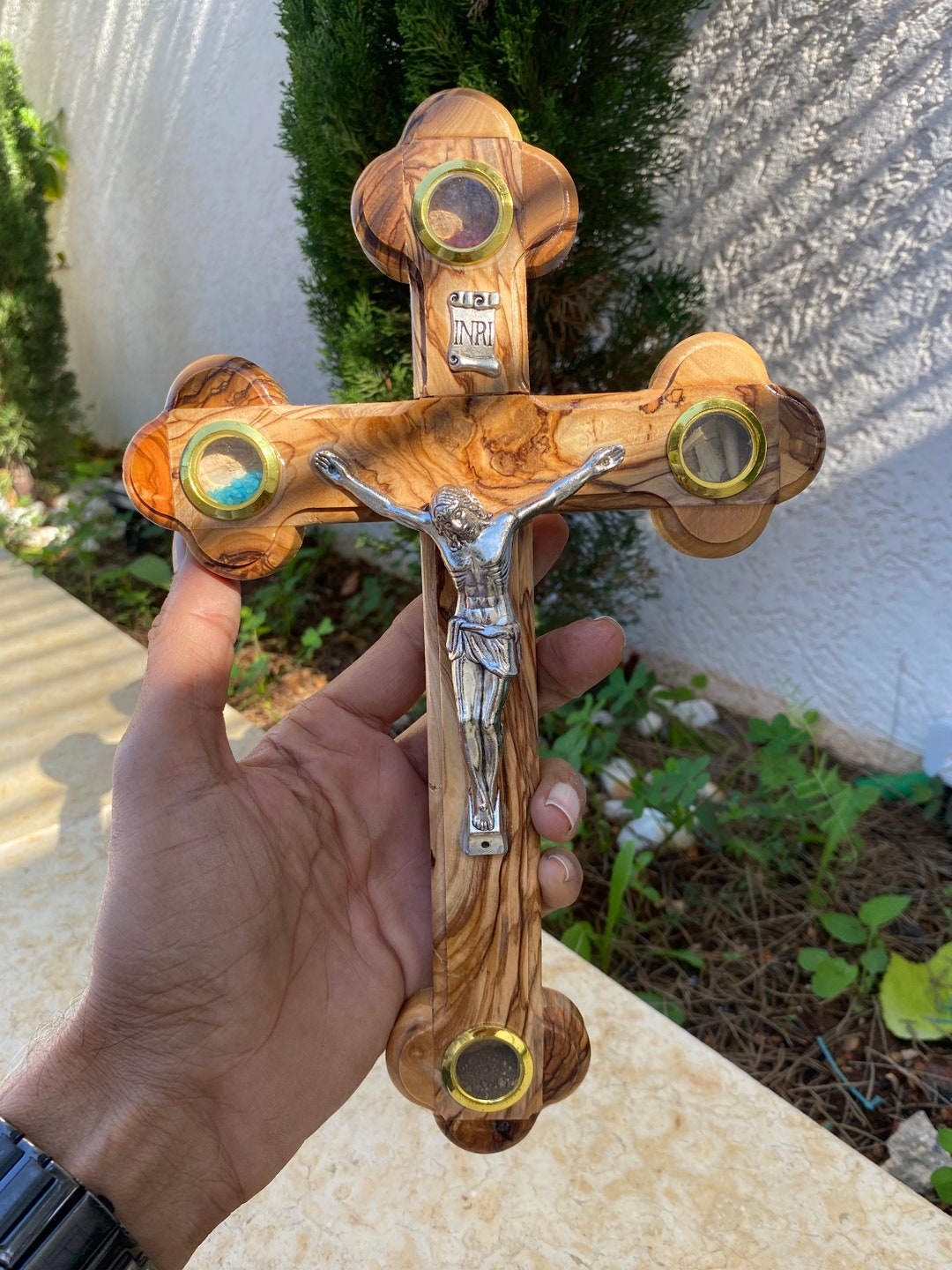 Olive Wood Crucifix Wall Decor , Big Size Catholic Cross INRI Hand Made ...