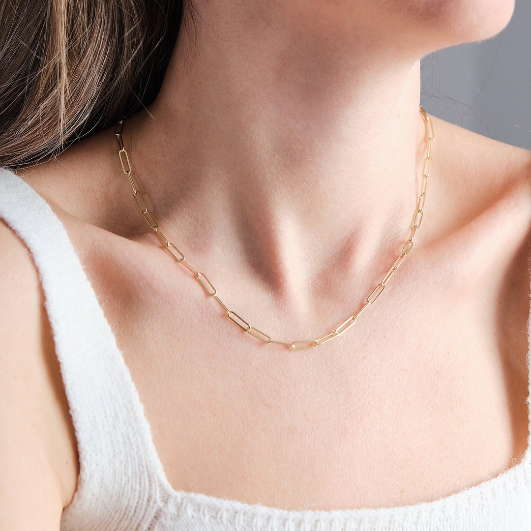 14K Gold Paperclip Chain Necklace, Dainty Link Chain Necklace, Layering ...